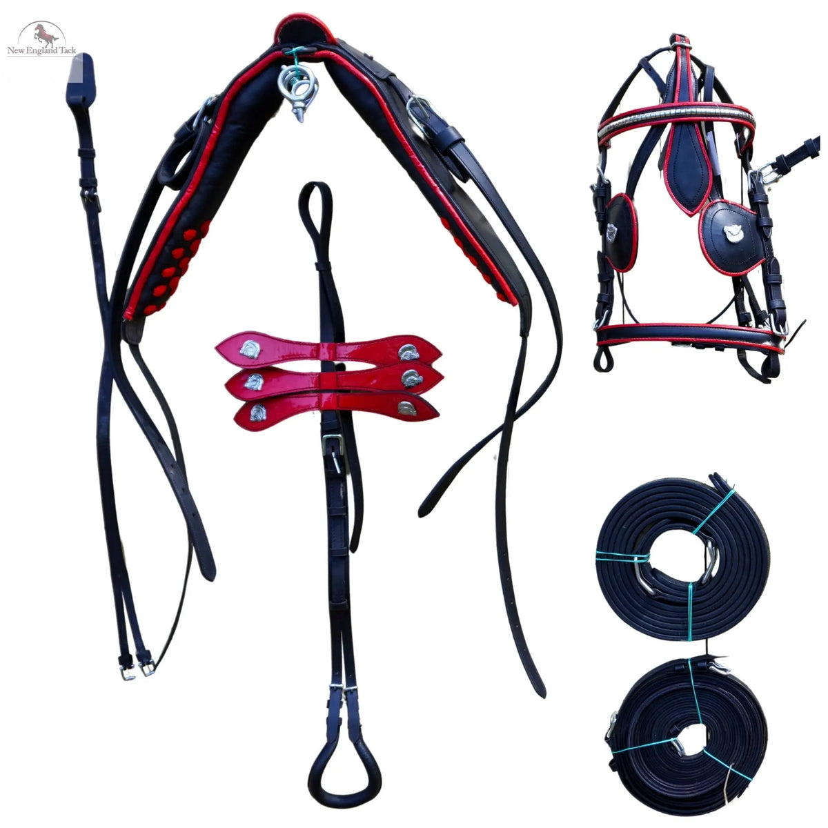 Black Horse Patent Leather Driving Harness Set - White Trimmed, High ...